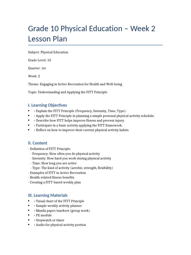 Grade10 PE Week2 LessonPlan | PDF | Physical Fitness | Physical Education