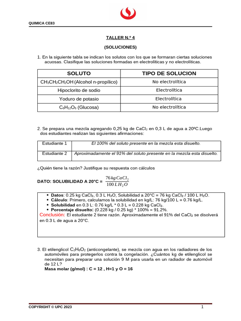 Ce83 Taller 4 Química | PDF | Solubilidad | Química