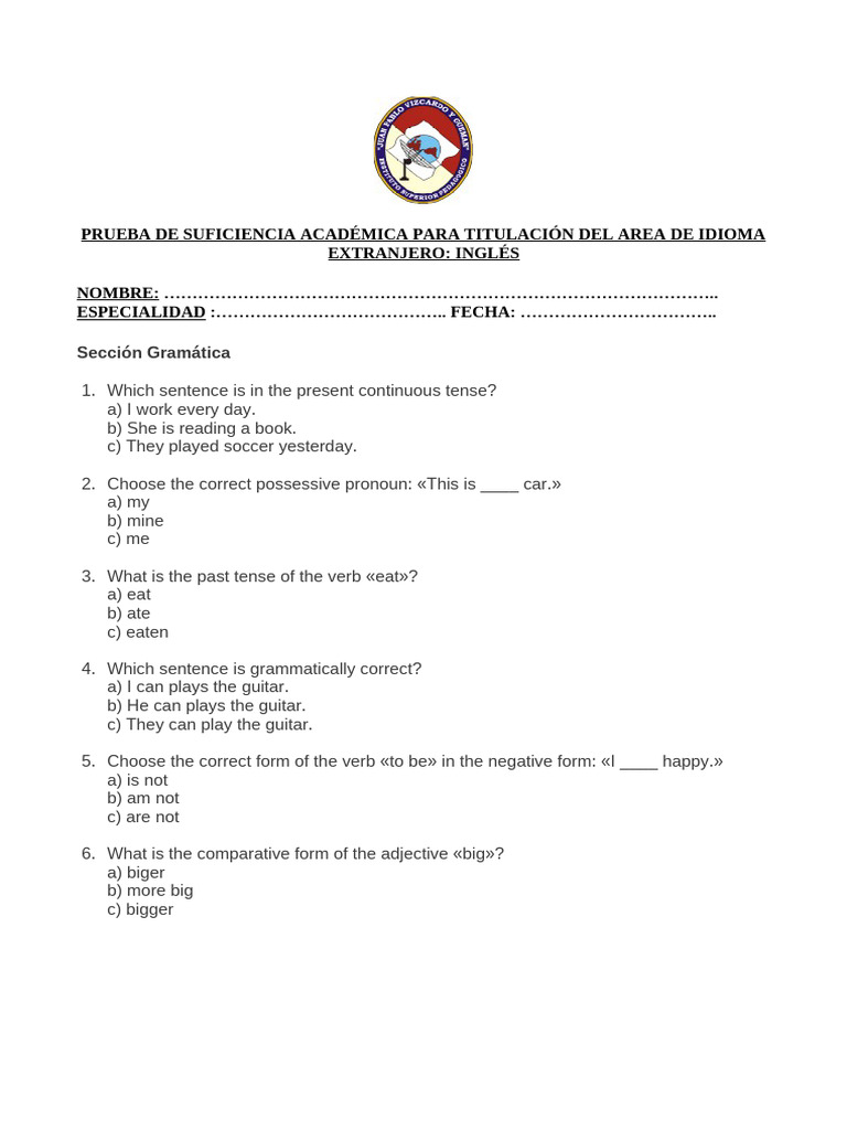 Prueba de Suficiencia Inglés 2024 | PDF | Verb | Linguistics