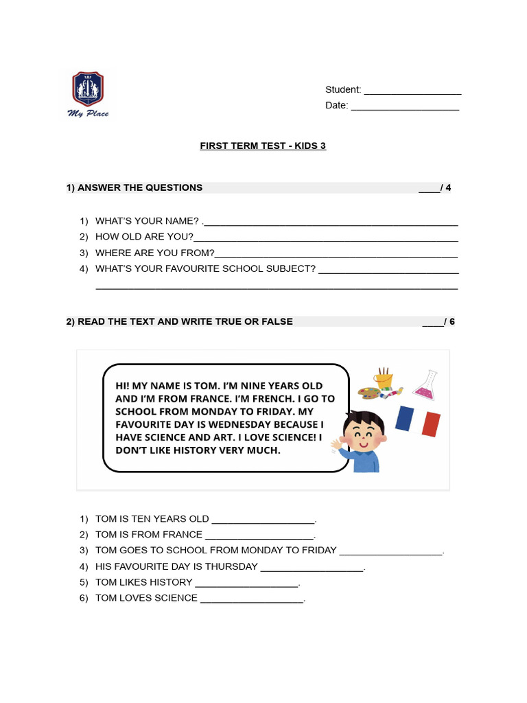 Kids 3 First Term Test Template | PDF