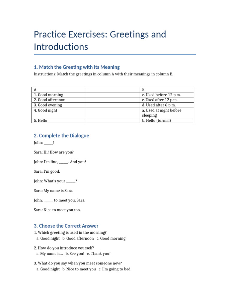 Greetings and Introductions Exercises | PDF