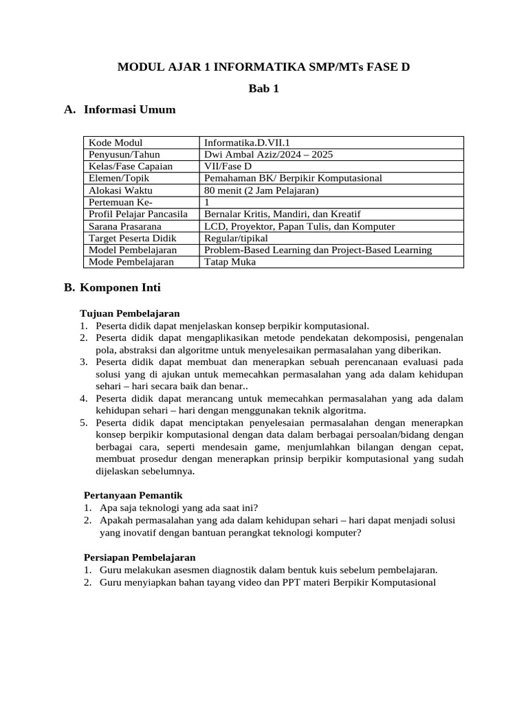 Modul Ajar Informatika SMP Kelas 7 | PDF