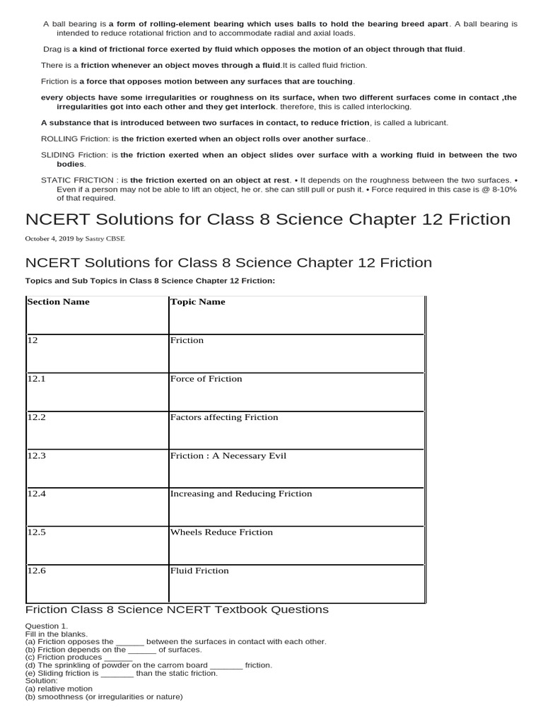 NCERT Class 8 Friction Overview | PDF | Friction | Bearing (Mechanical)