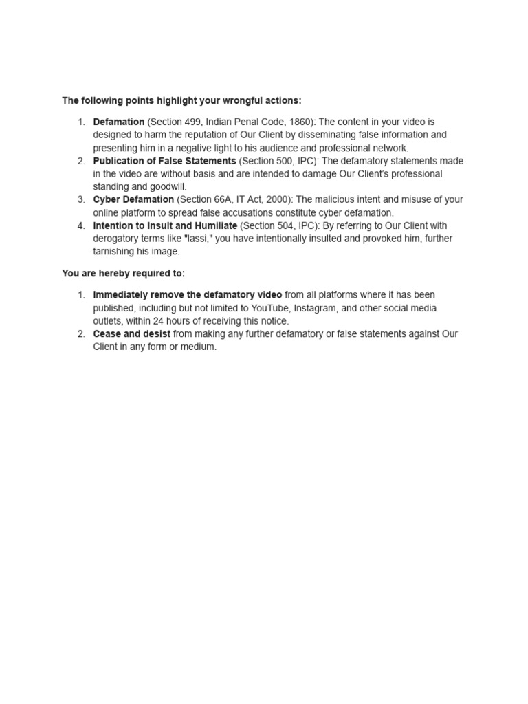 Legal Notice: Defamation Claims Against You | PDF