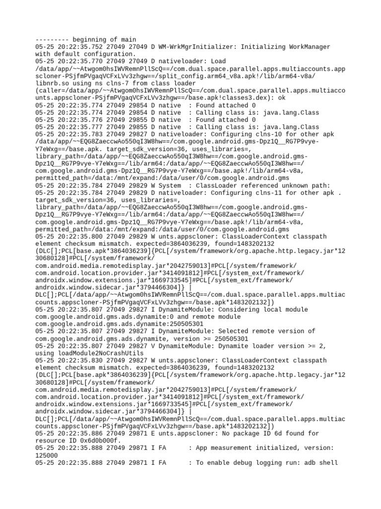 Com - Dual.space - Parallel.apps - Multiaccounts.appscloner Logcat | PDF | Android (Operating ...