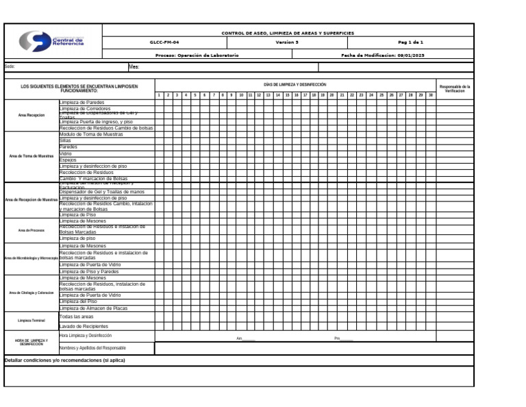 Glcc-fm-03 Control de Aseo, L y Desinf de Areas y Sup v5 | PDF
