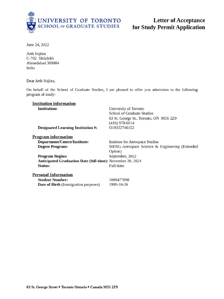 University of Toronto Acceptance Letter - Aerospace Eng | PDF