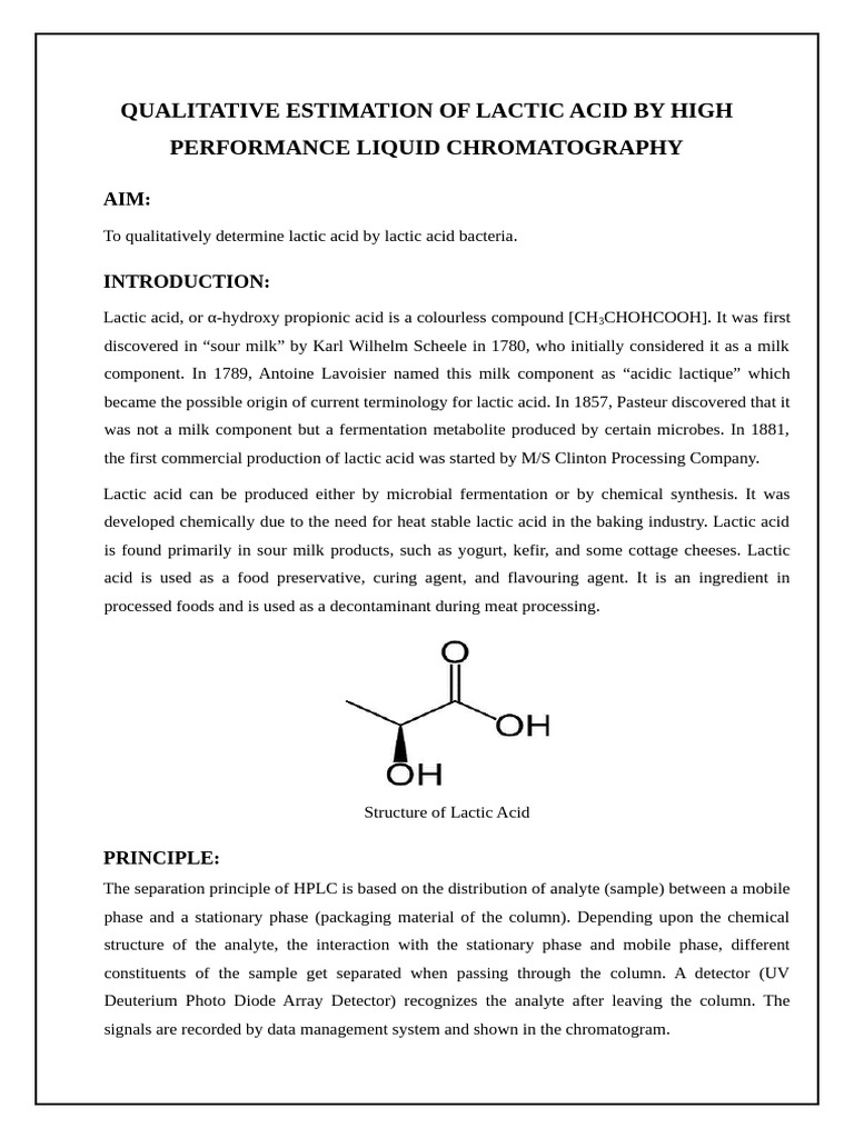 Qualitative Estimation of Lactic Acid by High Performance Liquid ...