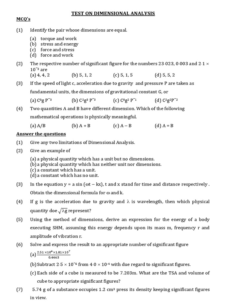 Dimensional Analysis Test Questions | PDF