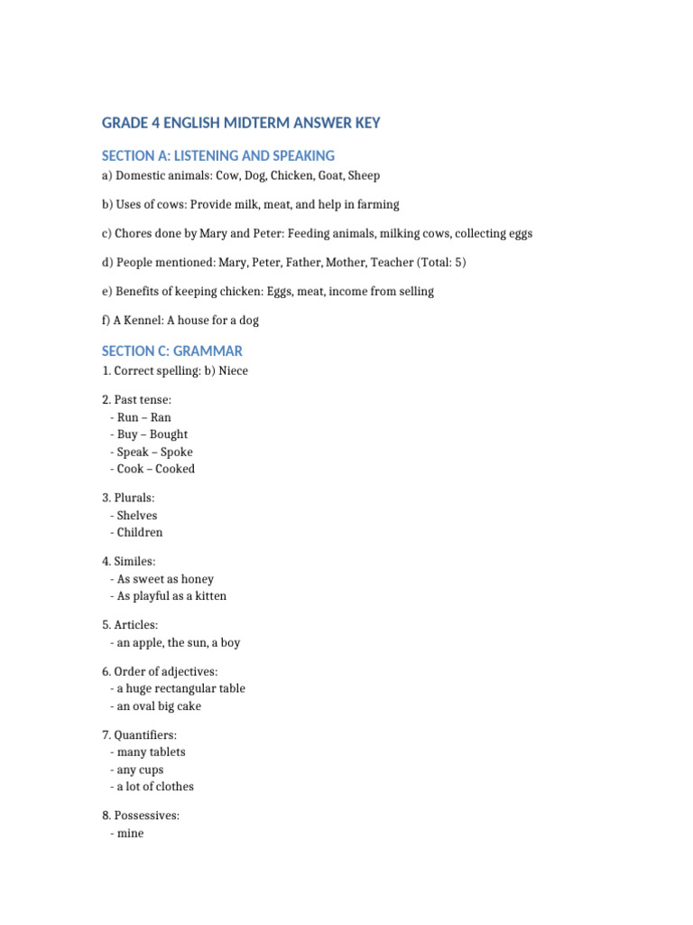 Grade 4 English Answer Key | PDF