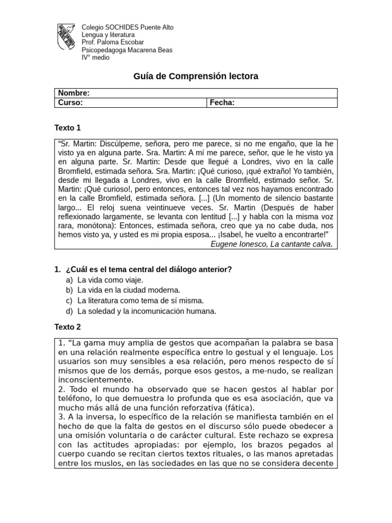 Guía de Comprensión Lectora IV° Medio | PDF | Don Quijote | Poesía