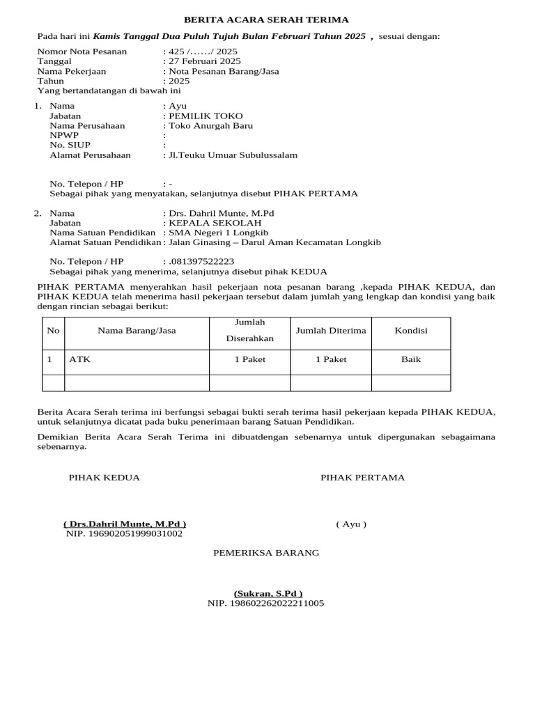 Berita Acara Serah Terima Barang-Bast Atk Feb Anugrah | PDF