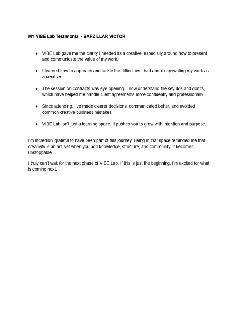 VIBE Lab Testimonial by Barzillar Victor | PDF