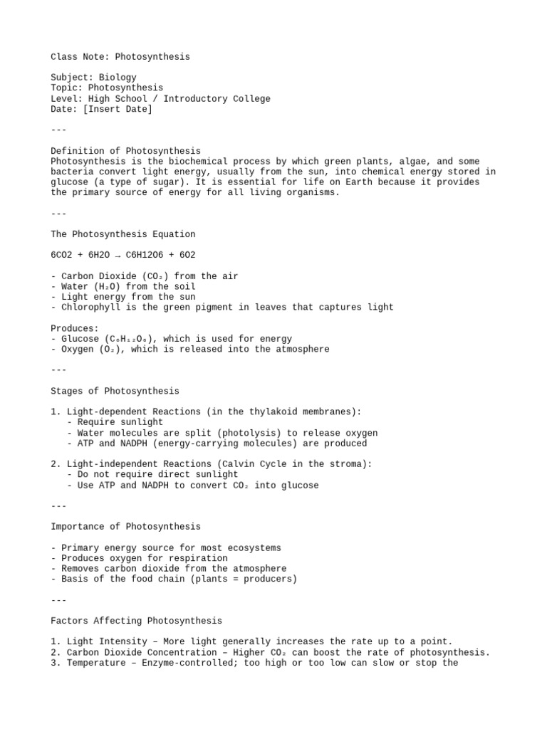 Photosynthesis Class Note | PDF