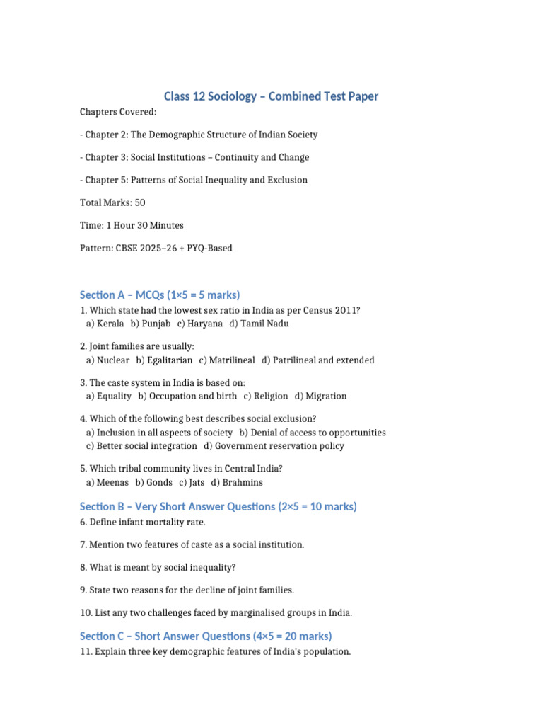 Sociology Combined Test Ch2 Ch3 Ch5 | PDF