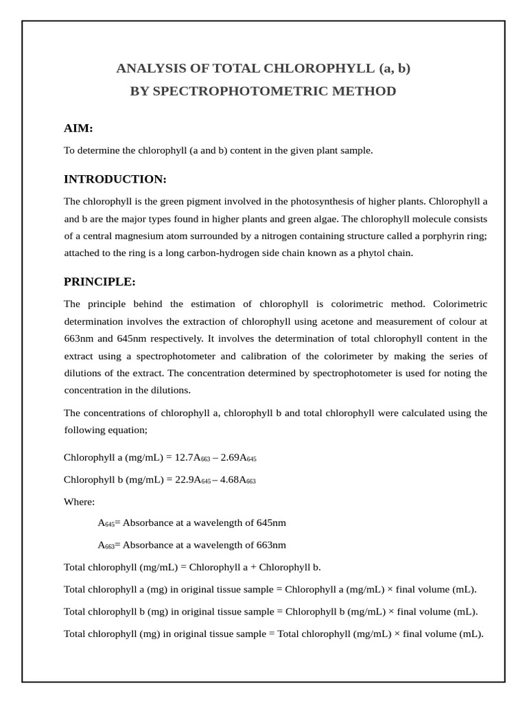 Chlorophyll Content Analysis by Spectrophotometry | PDF | Chlorophyll ...