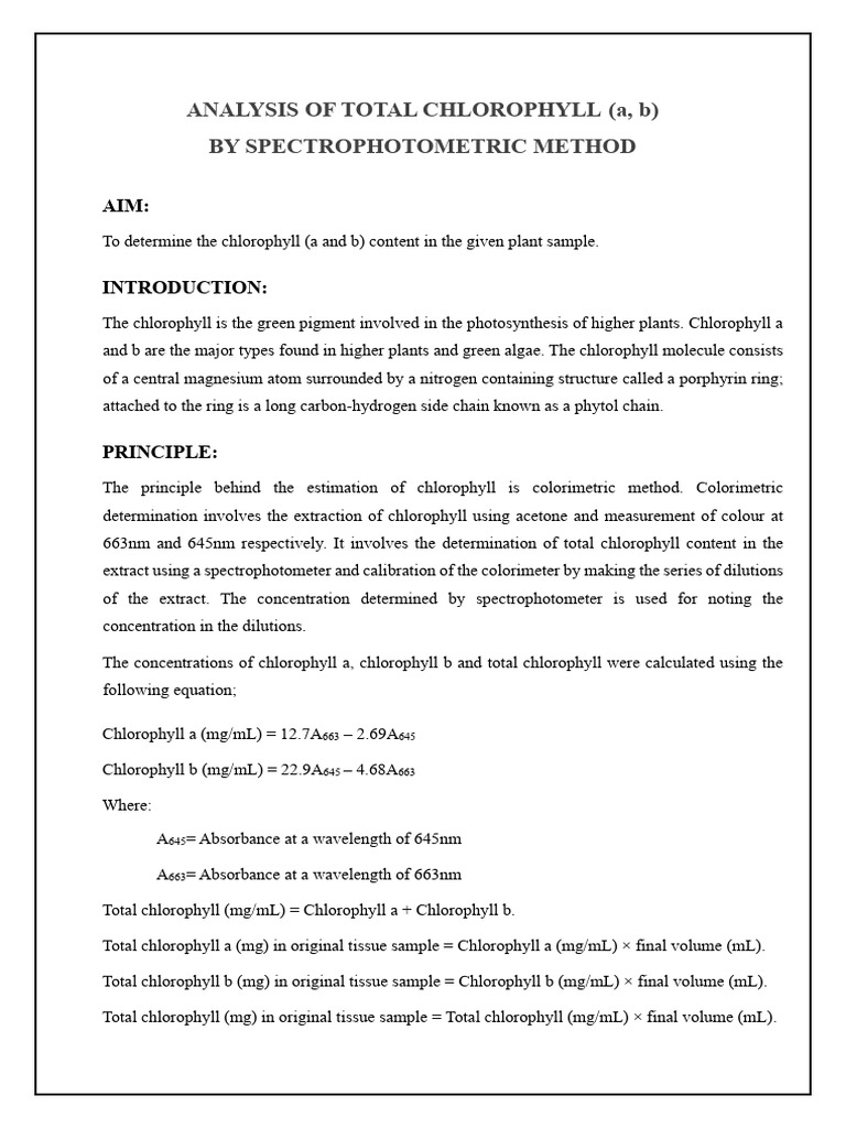 Analysis of Total Chlorophyll (A, B) by Spectrophotometric Method | PDF | Chlorophyll ...