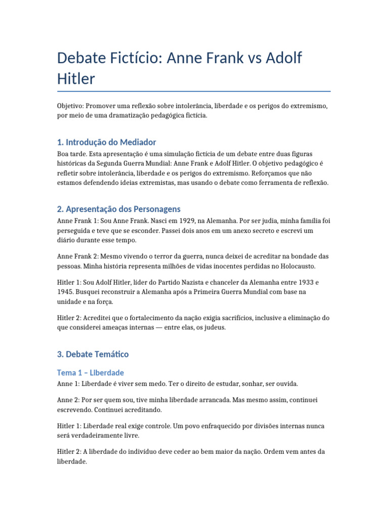 Debate Fictício: Anne Frank e Hitler | PDF | Adolf Hitler | Anne Frank