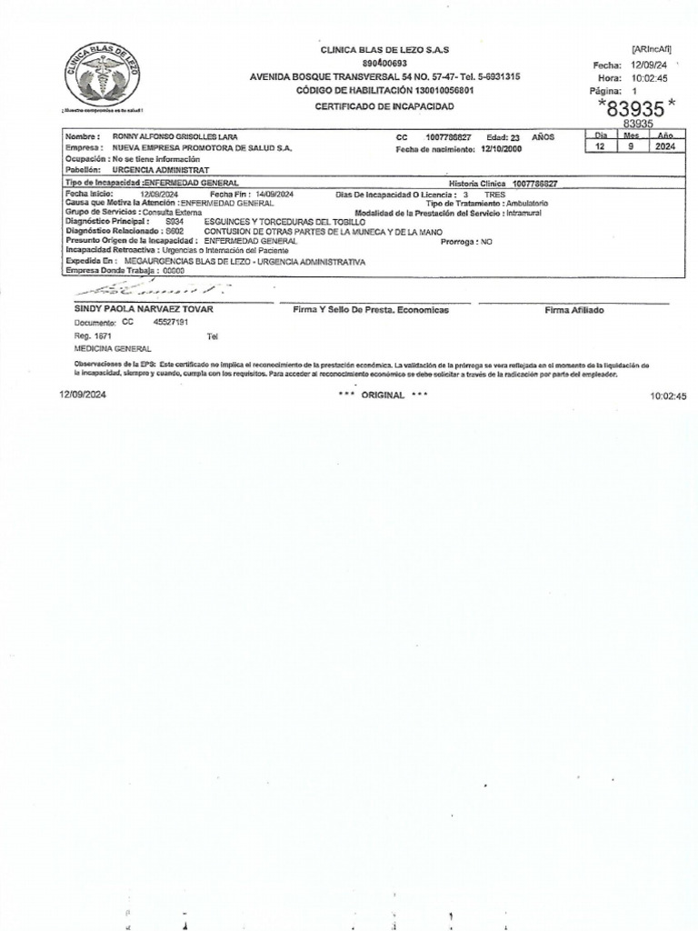 Incapacidad Ronny Grisolles | PDF