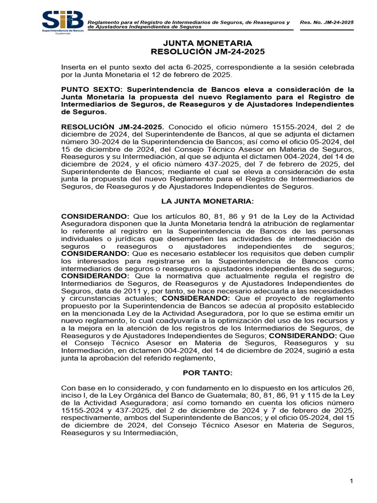 Reglamento Registro Intermediarios de Seguros JM 24 2025 | PDF | Seguro | Reaseguro