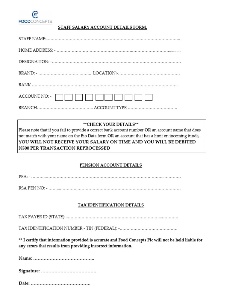 Staff Salary Account Details Form | PDF