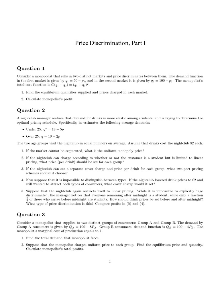 BF Problem Set | PDF | Monopoly | Price Discrimination