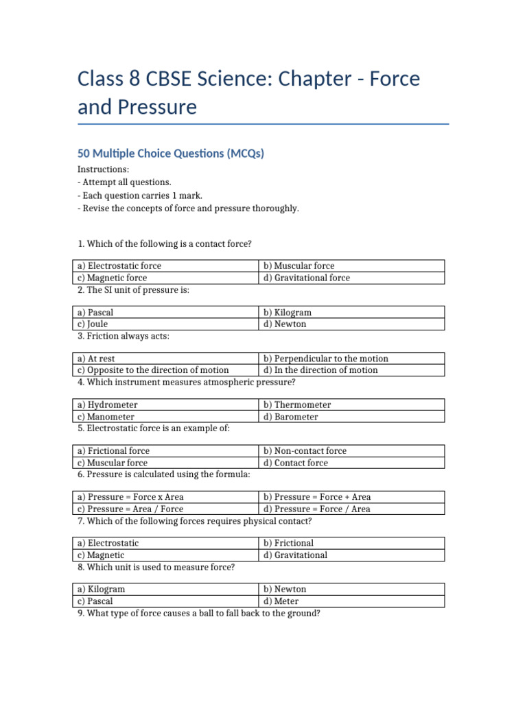 Force and Pressure 50 MCQs | PDF | Force | Pressure