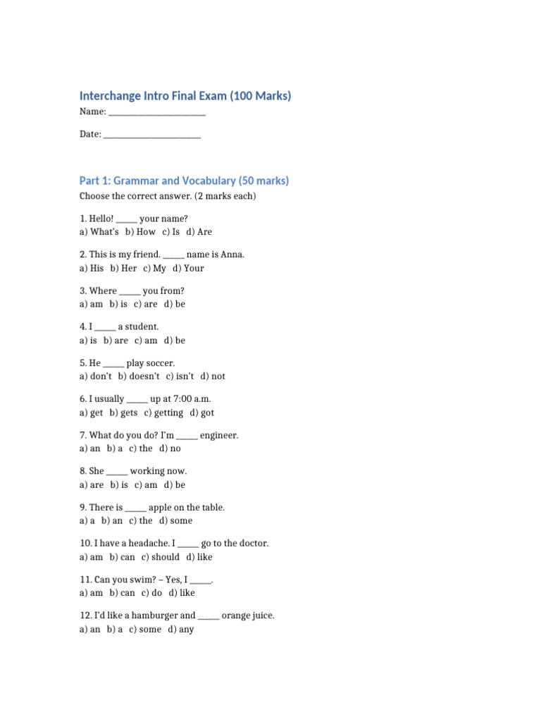 Interchange Intro Final Exam Guide | PDF