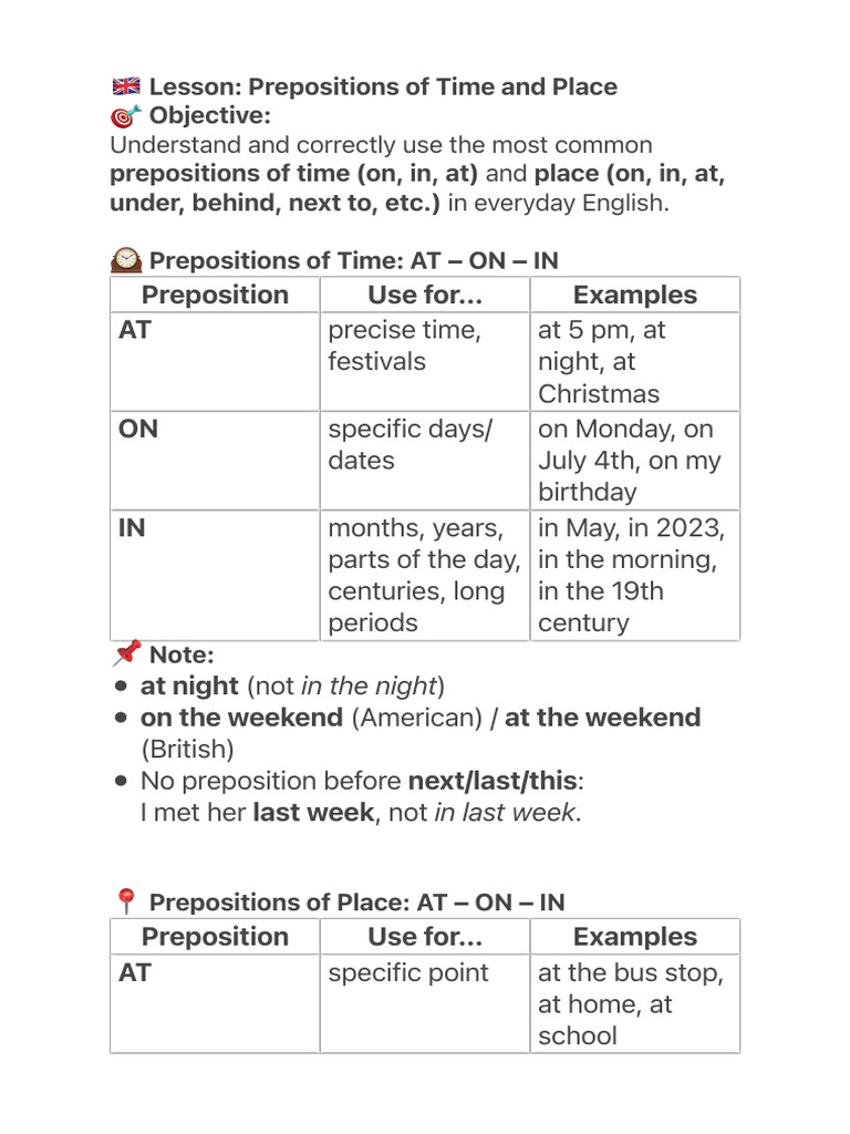 ?? Lesson: Prepositions of Time and Place | PDF | Observances