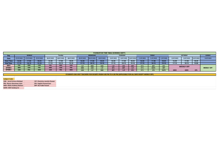 Time Table - Foundation Batch Paota | PDF