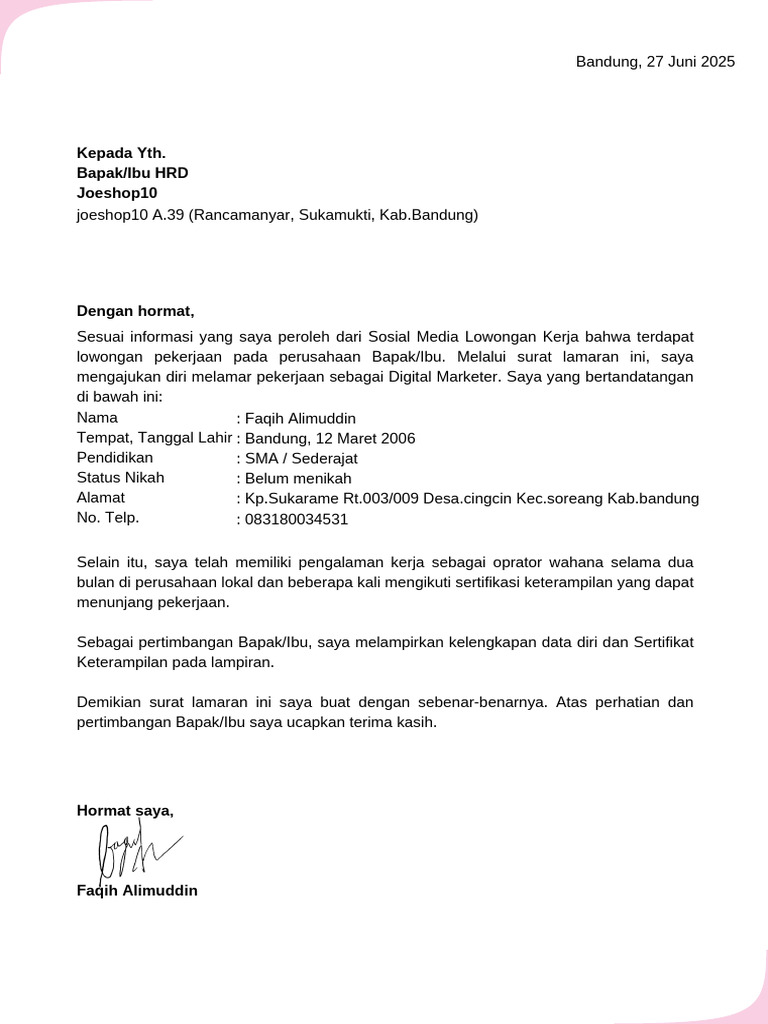 Surat Lamaran Kerja Faqih Al | PDF