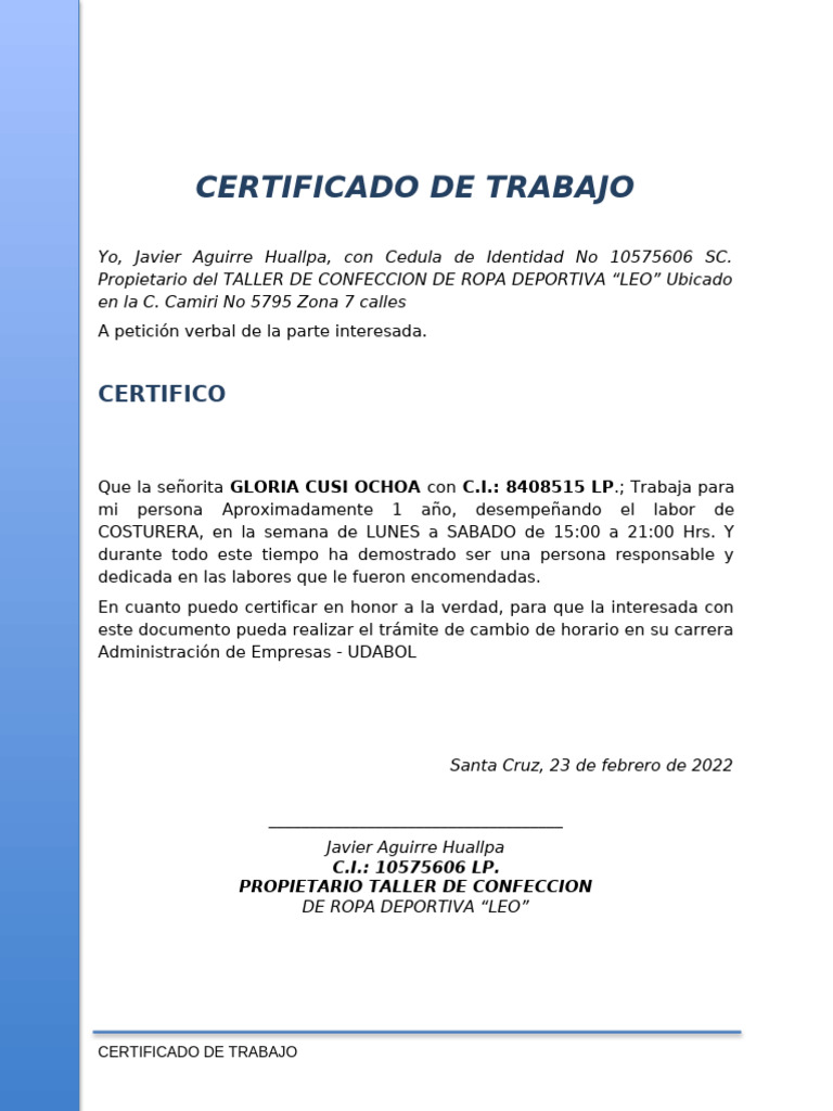 Certificado de Trabajo para Gloria Cusi | PDF
