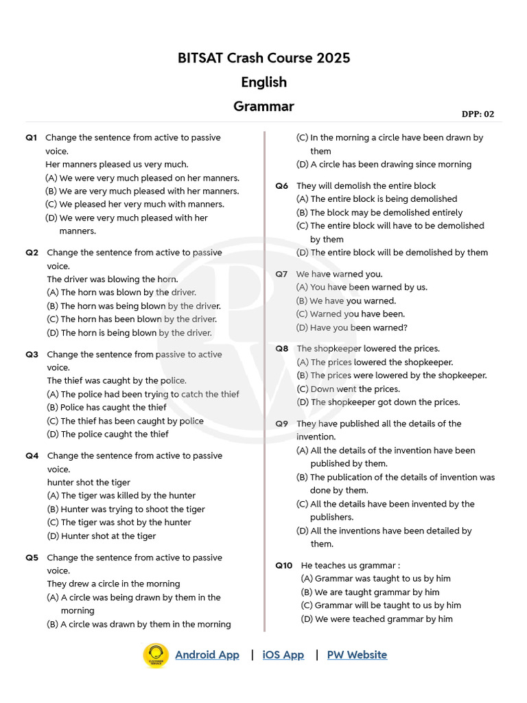 (English) Grammar DPP 02 BITSAT Crash Course 2025 | PDF