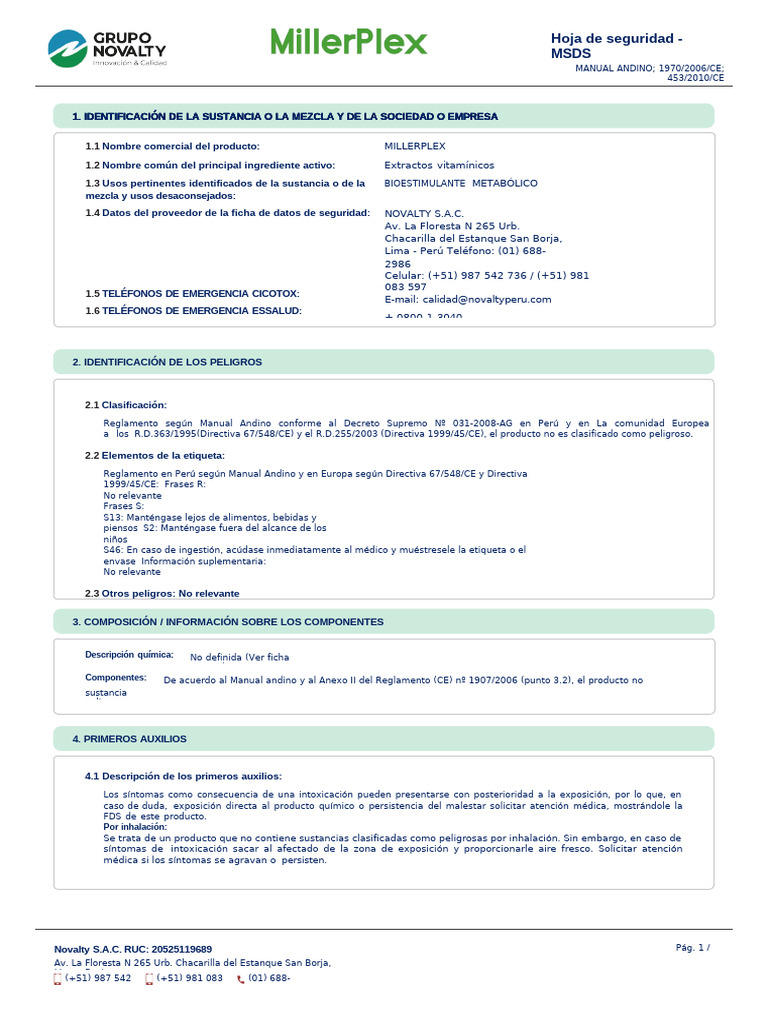 Grupo Novalty - Hoja de Seguridad - Millerplex - Vb°04.12.2024 | PDF | Compuesto orgánico ...