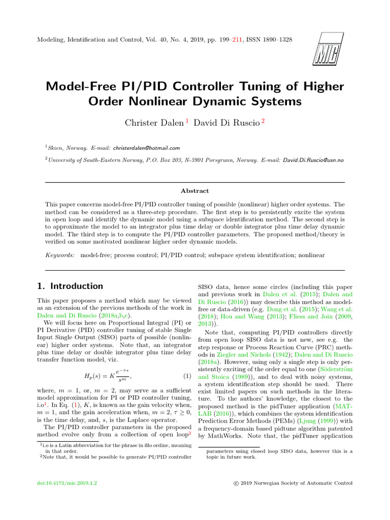 Model-Free PIPID Controller Tuning of Higher | PDF | Control Theory ...
