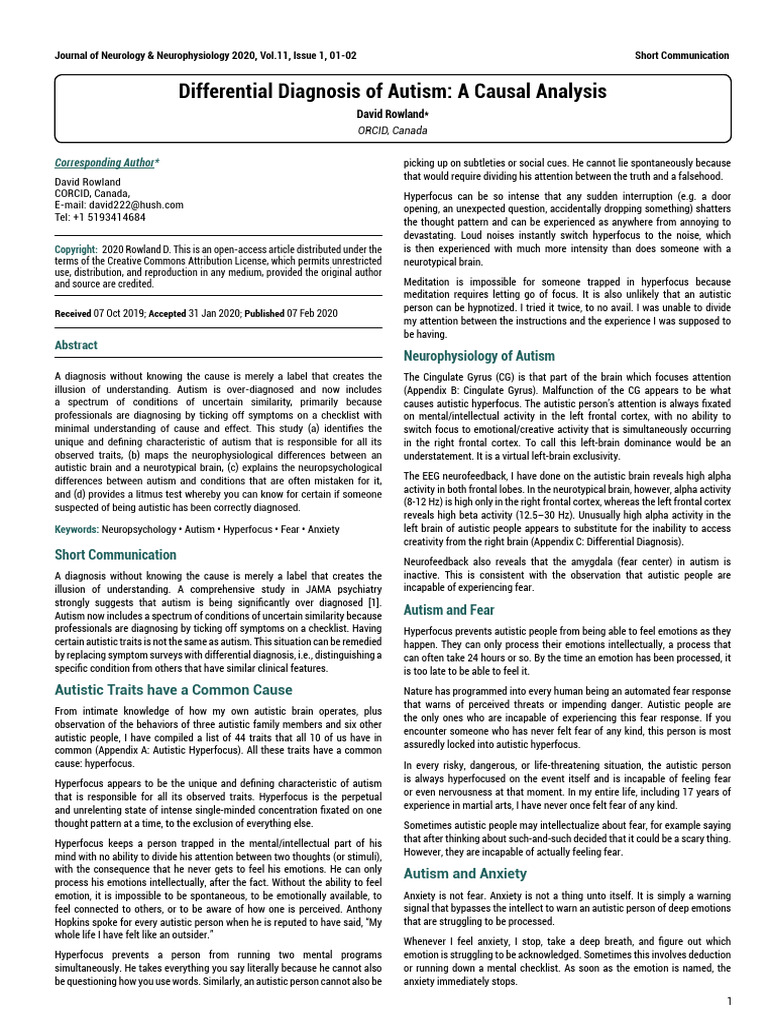 Differential Diagnosis of Autism A Causal Analysis | PDF | Autism | Fear