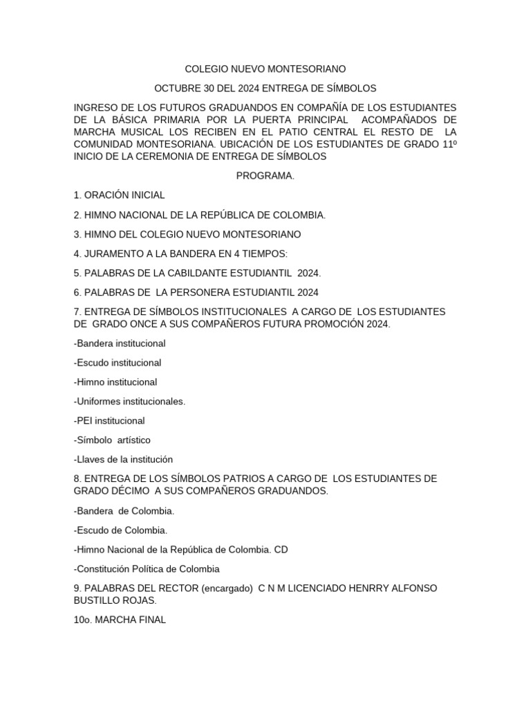 Borrador Programa Entrega de Símbolos 30 de Octubre | PDF