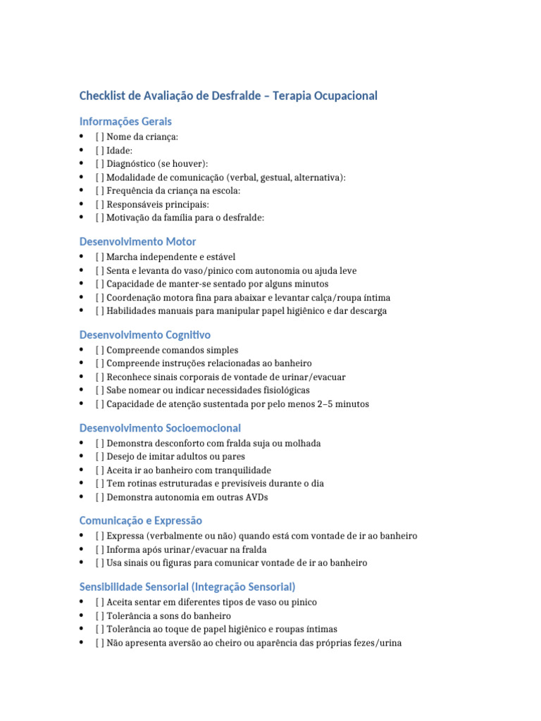 Checklist Avaliacao Desfralde Terapia Ocupacional | PDF | Micção ...