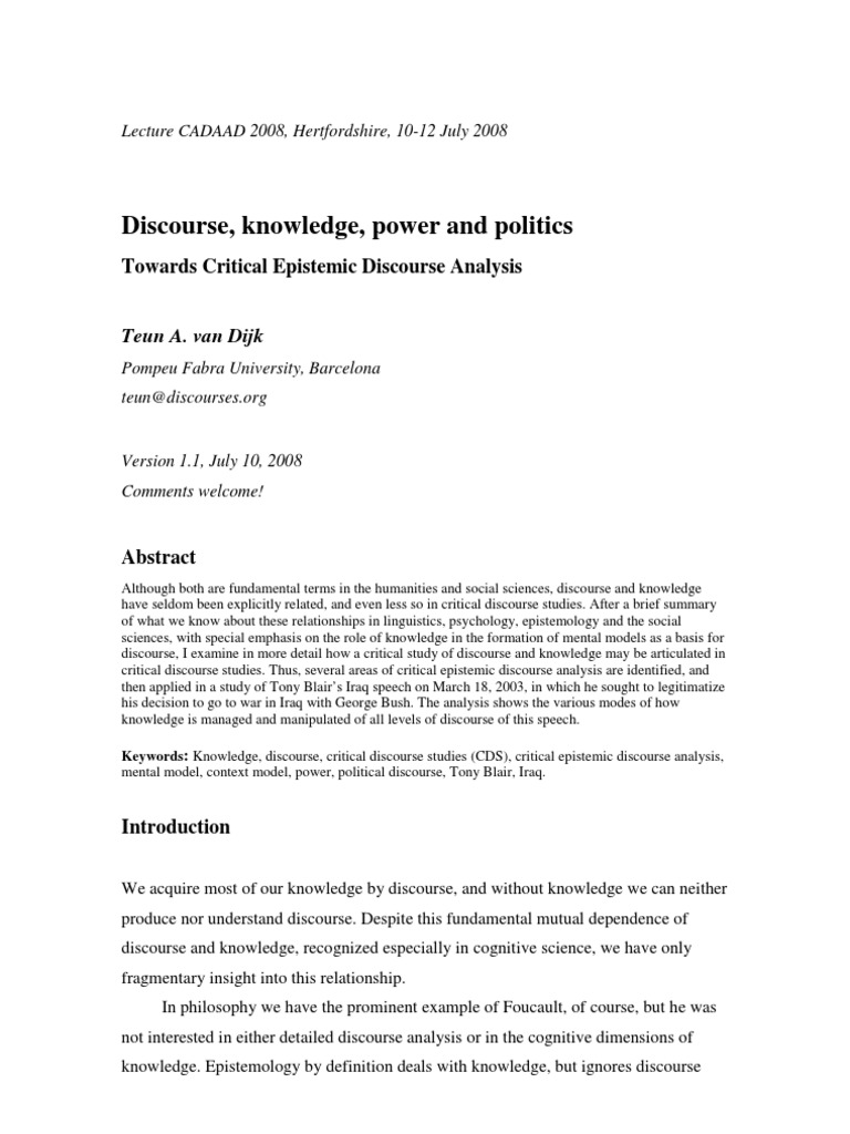 Discourse, Knowledge, Power and Politics | PDF | Epistemology | Discourse