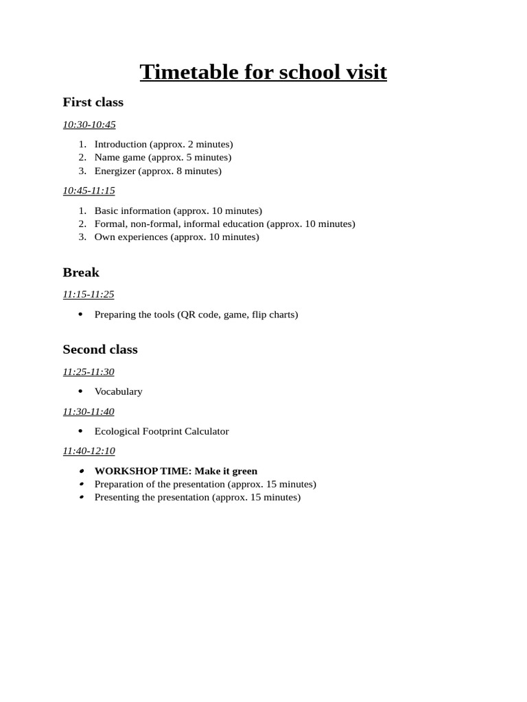 Timetable For School Visit | PDF