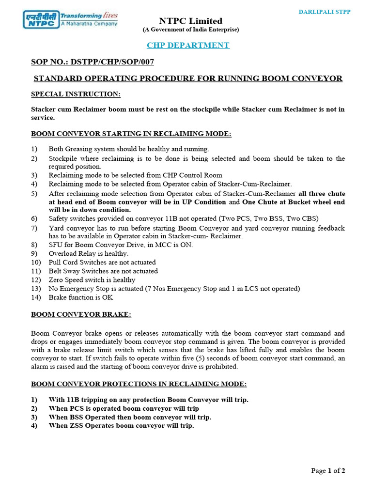 SOP of Boom Conveyor Operation | PDF | Manufactured Goods
