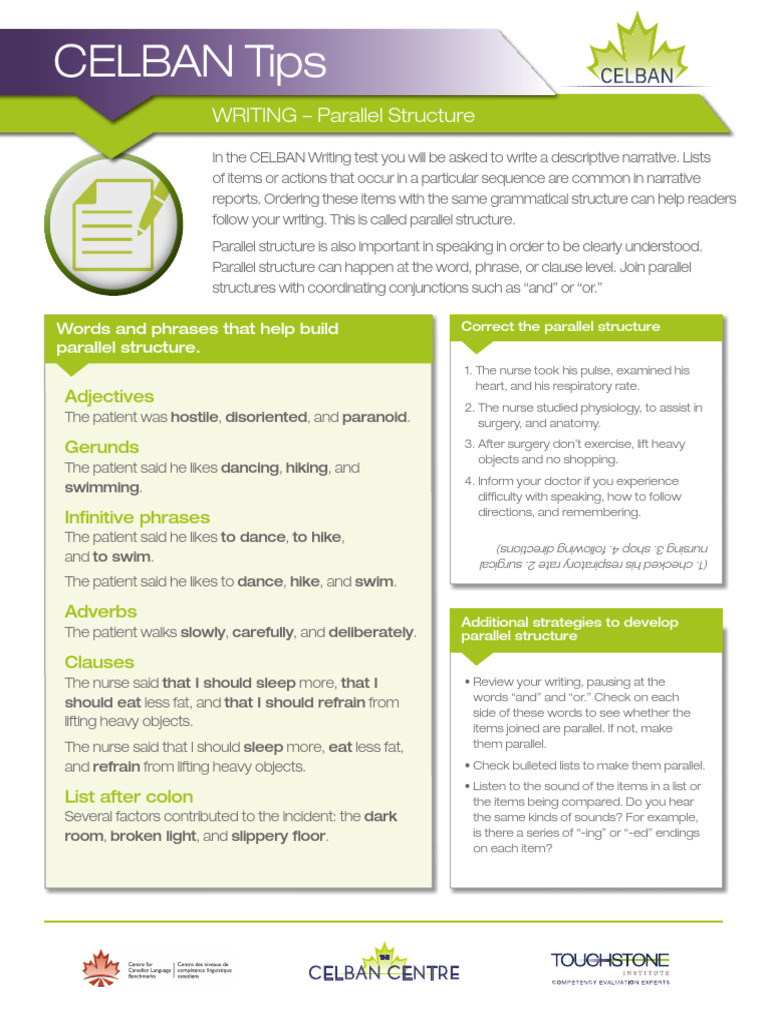 CELBAN Tip Sheet Writing Parallel Structure | PDF | Word | Syntax