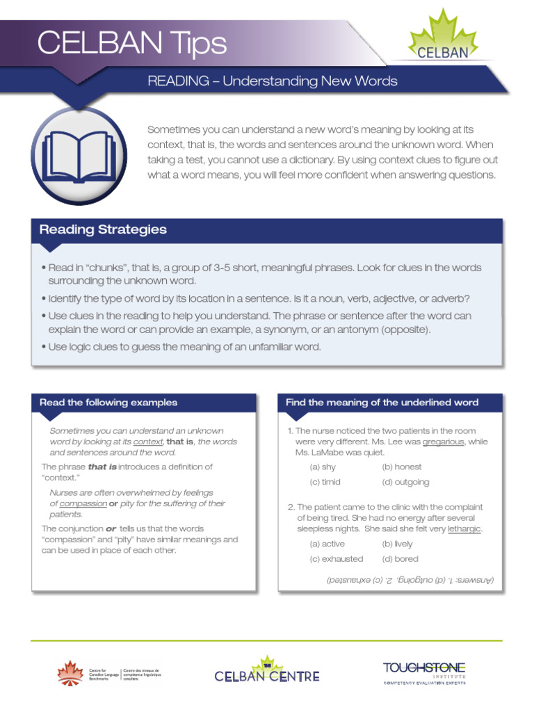 CELBAN Tip Sheet Reading | PDF