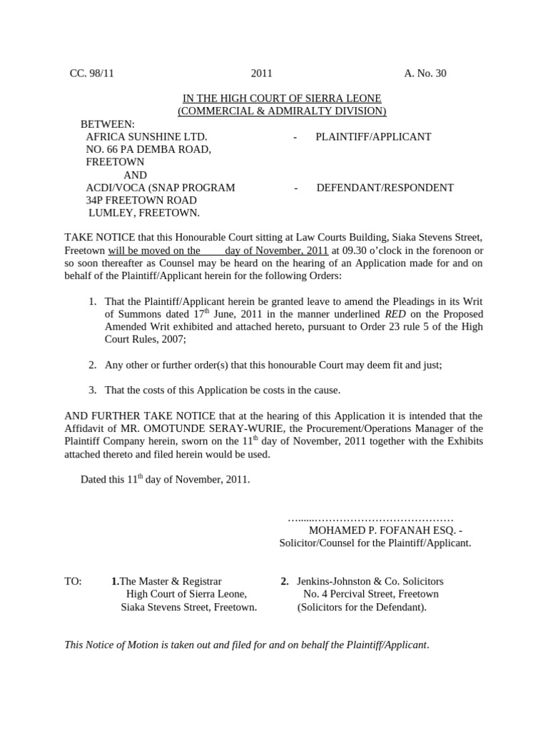 Motion To Amend & Adduce Fresh Evidence | PDF | Affidavit | Sierra Leone