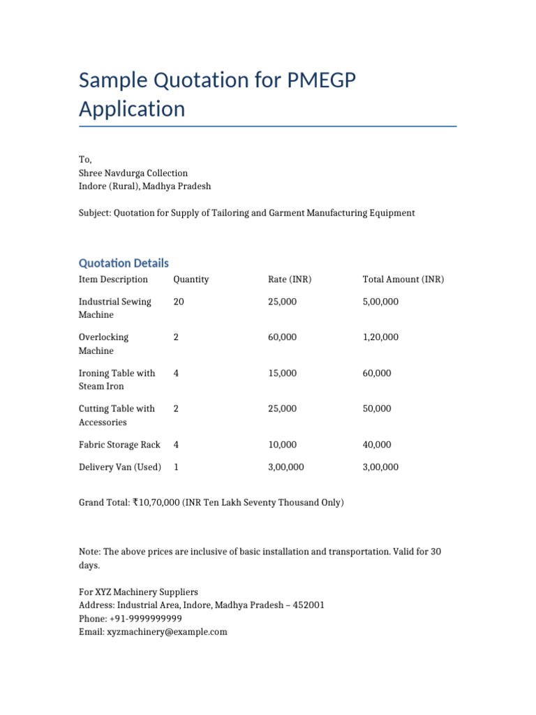 PMEGP Tailoring Equipment Quotation | PDF