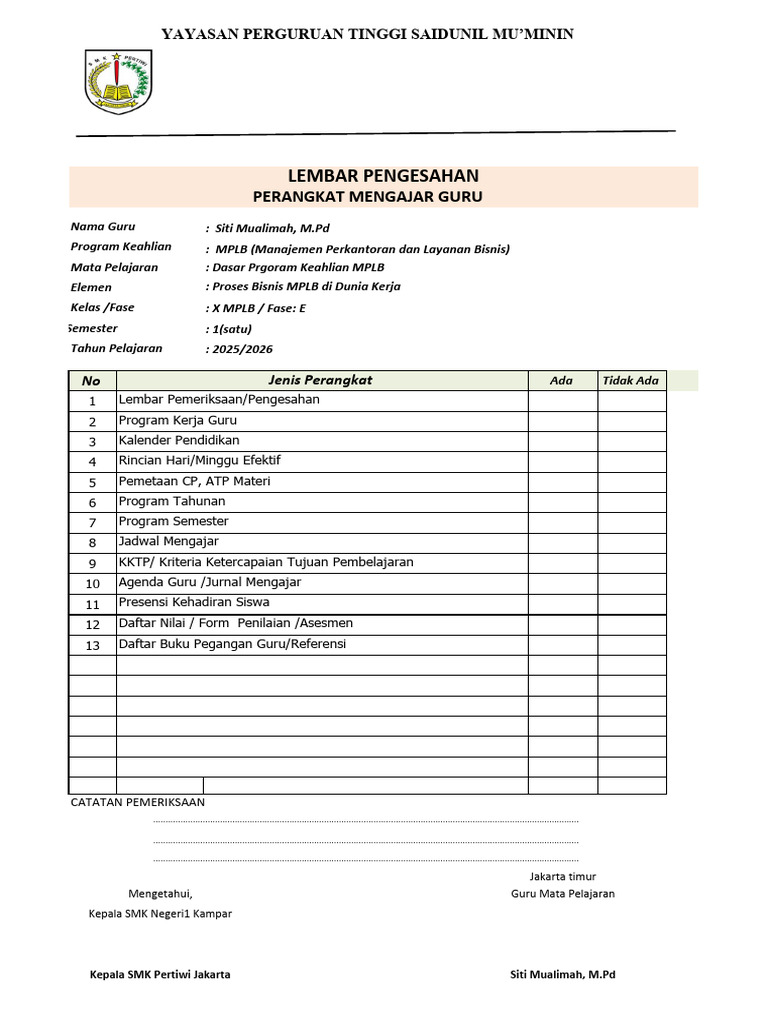 Lembar Pengesahan Adm Guru X - Fase E-Elemen 1 Proses Bisnis MPLB Siti ...