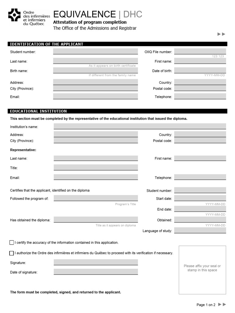 Attestation d'Équivalence Form | PDF | Diploma | Health Care