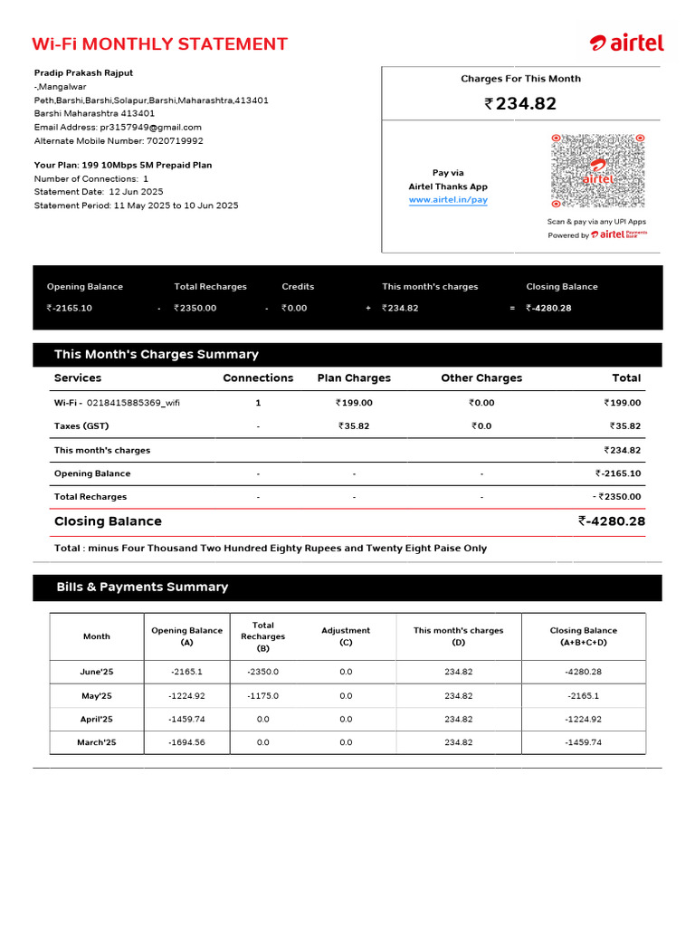 Wi-Fi Monthly Statement: This Month's Charges Summary | PDF | Payments