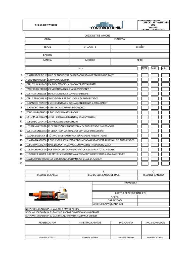 Check List de Seguridad para Winche | PDF