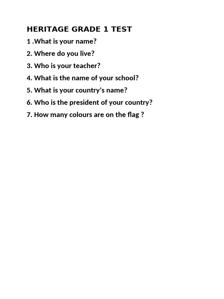 Heritage Grade 1 Test | PDF